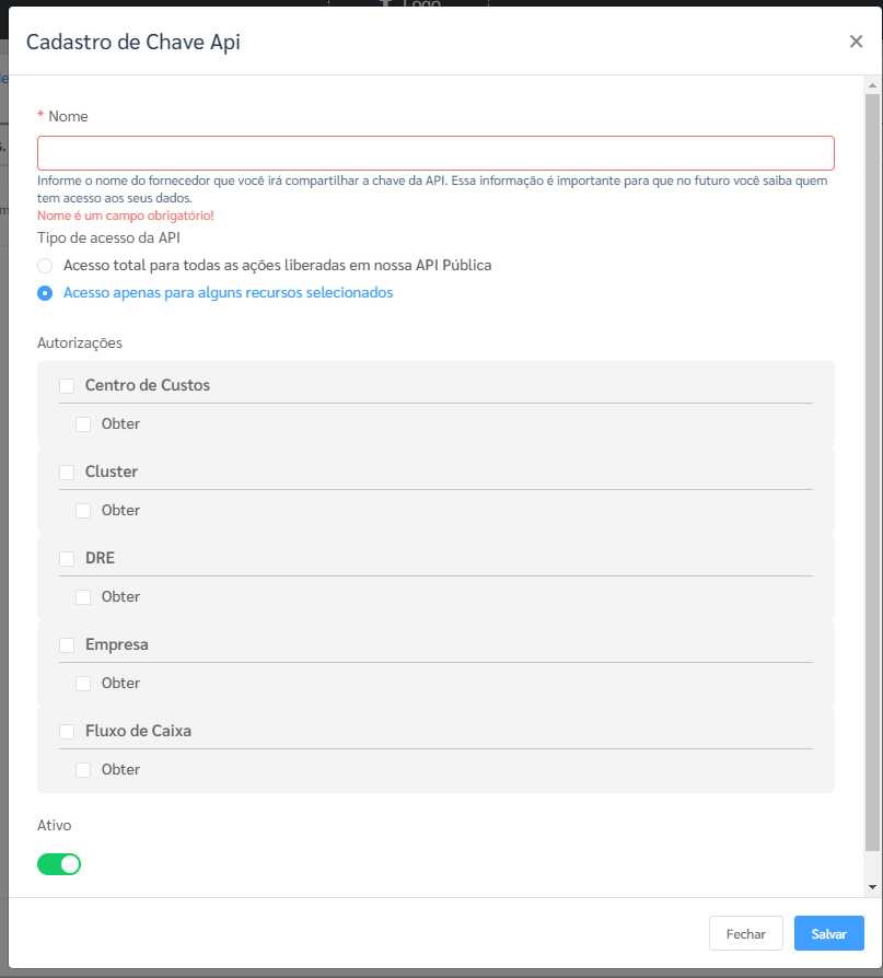 Criação da chave de acesso a API externa – F360